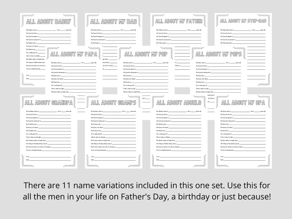 All About Dad Questionnaire Grandpa Questionnaire Printable Etsy