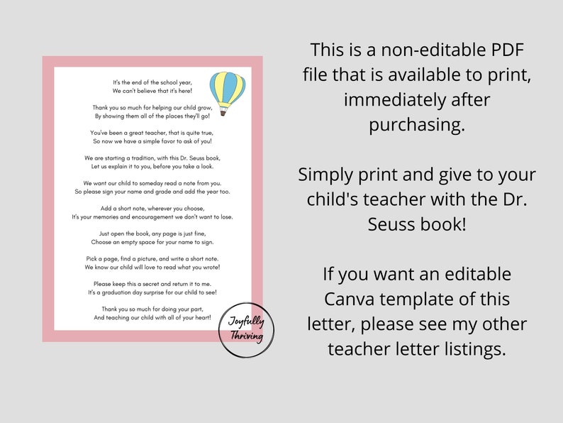 Dr. Seuss Teacher Letter, "oh the Places You'll Go" Teacher Signing ...