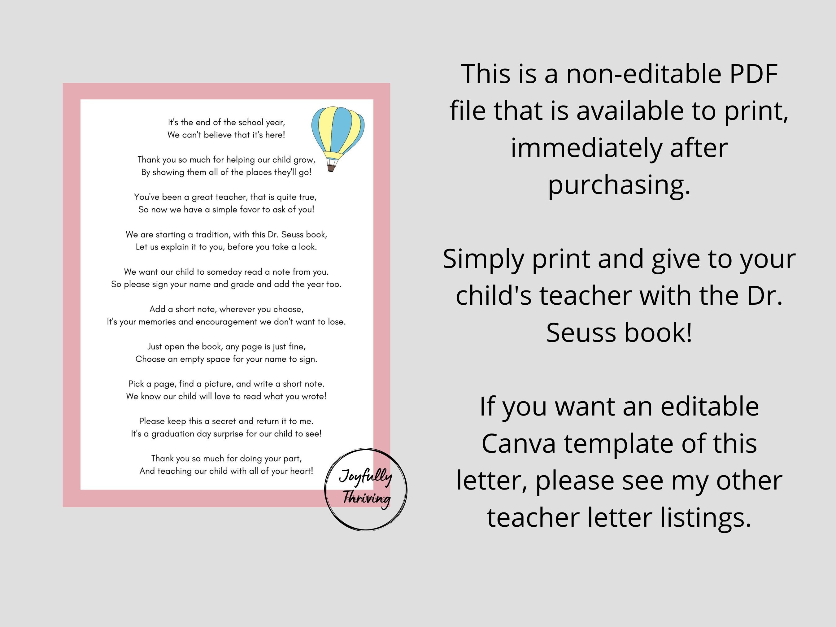 Starting Book Signing Tradition Letter to Give to Teachers With Oh the ...