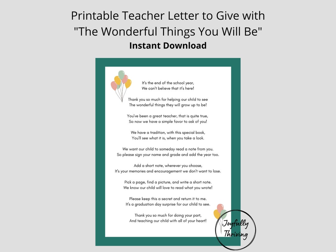 The Wonderful Things You Will Be Teacher Letter | Letter to Give to ...