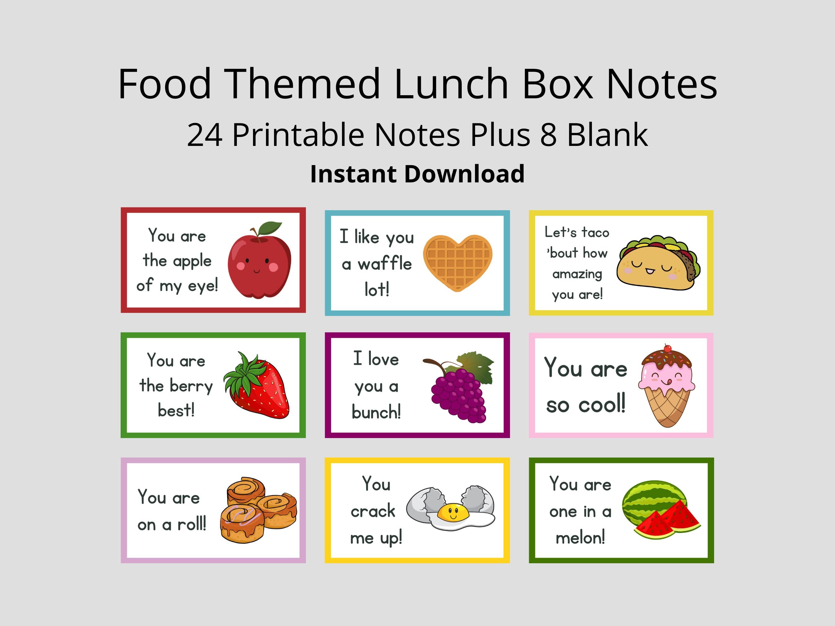 Food Theme Lunch Box Notes for Kids | Encouraging Notes for Kids ...