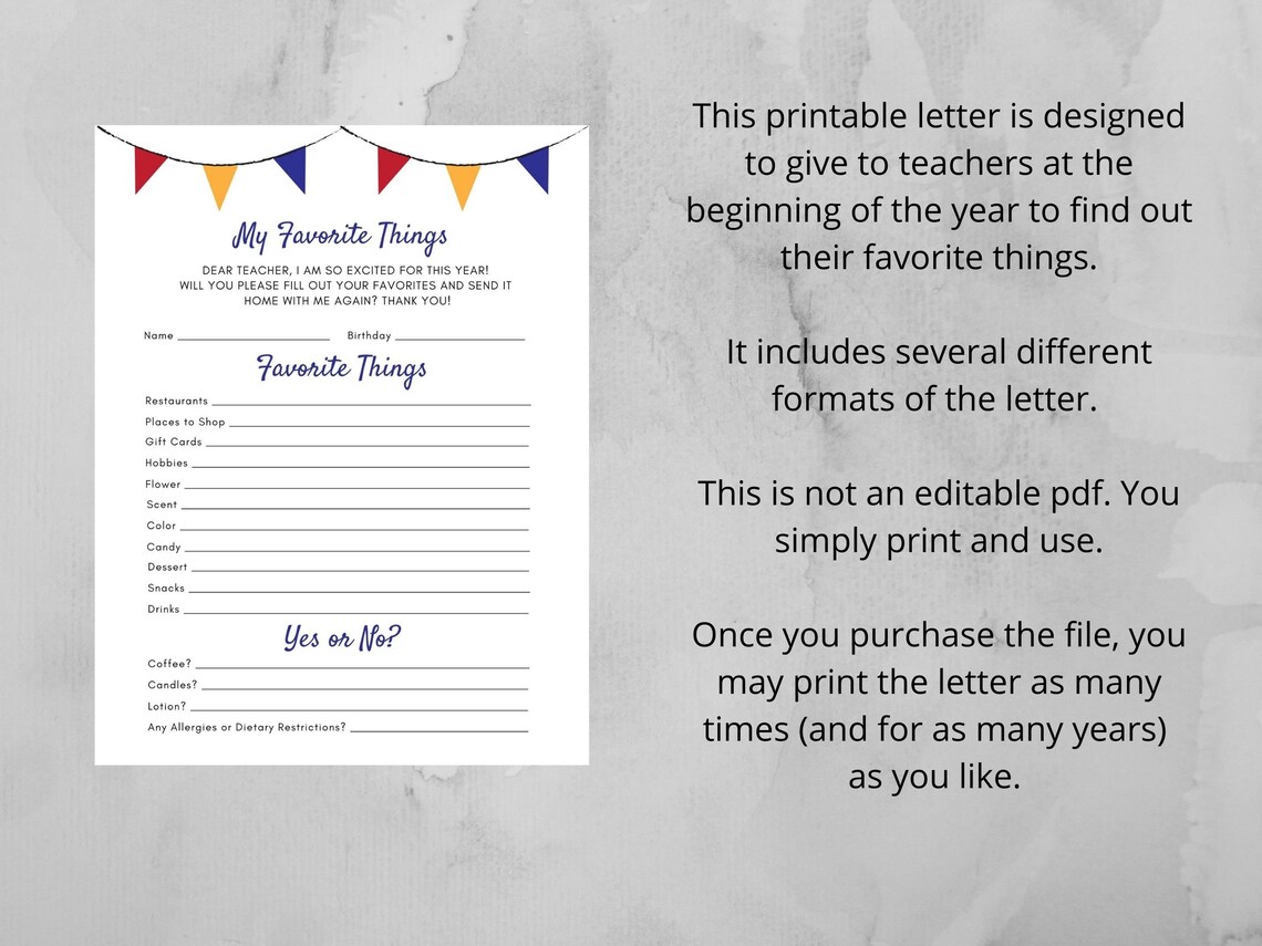 Teacher Letter for My Favorite Things Teacher Appreciation | Etsy