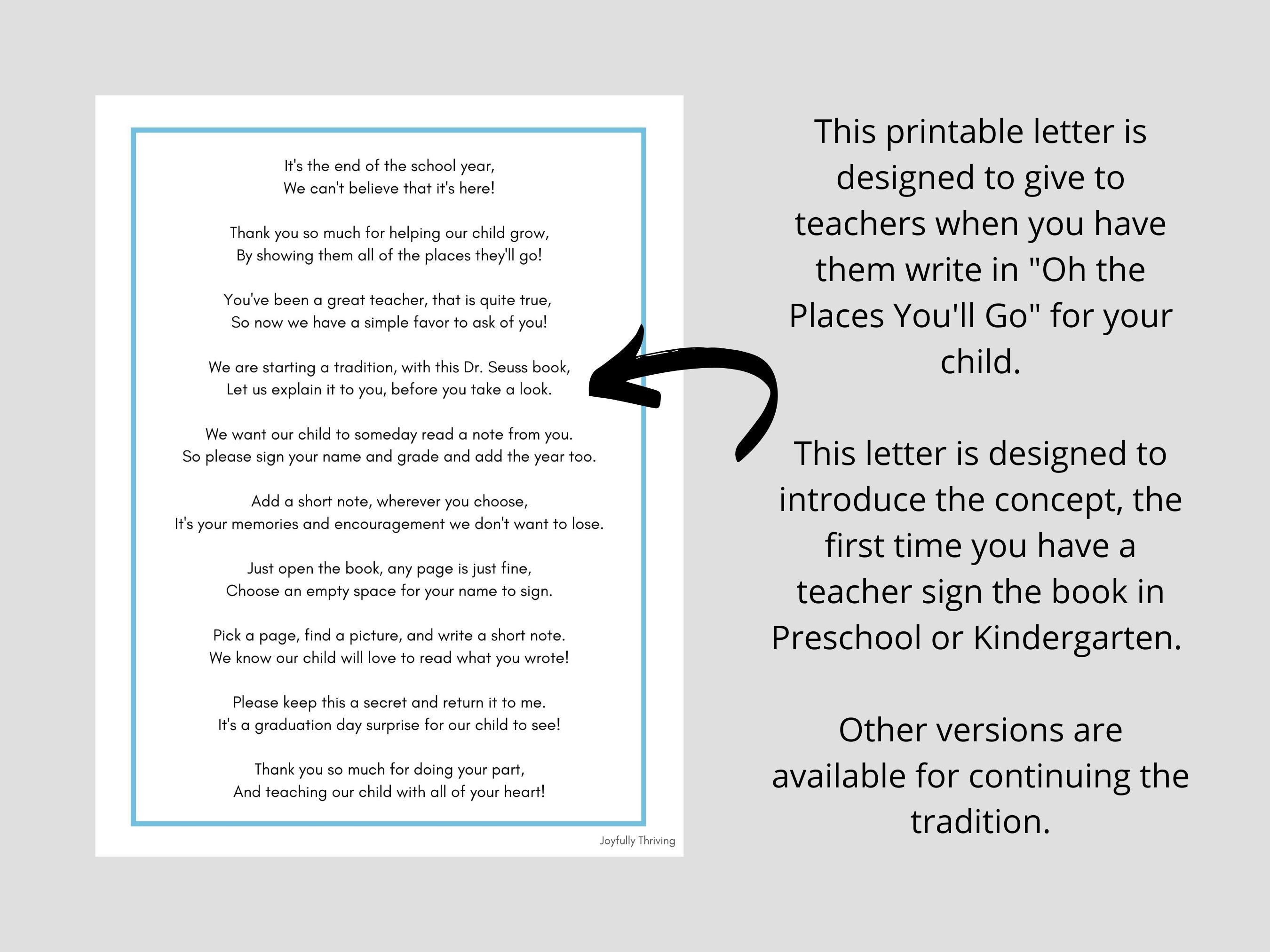 Starting Book Signing Tradition Letter to Give to Teachers With Oh the ...