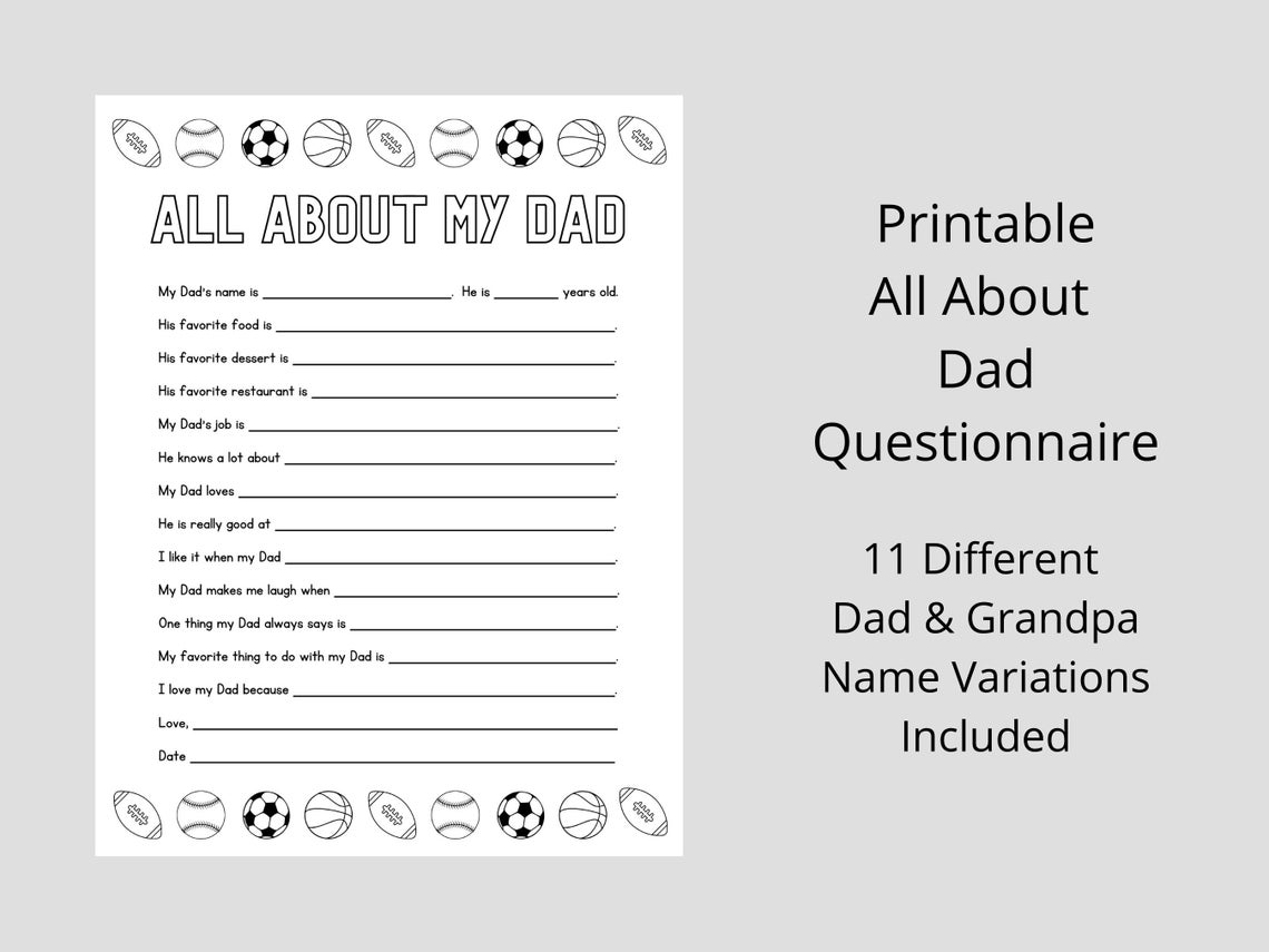 All About Dad Questionnaire Grandpa Questionnaire Printable Etsy