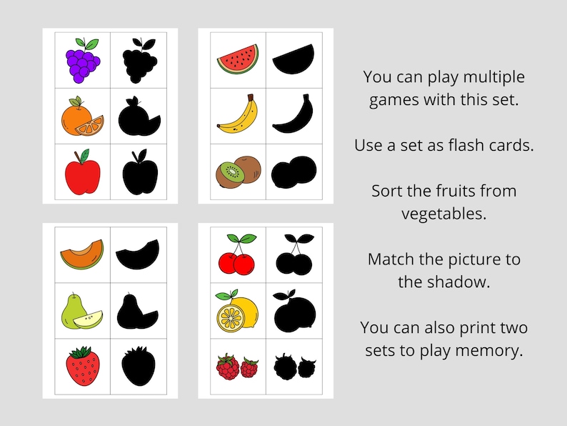 Fruit and Vegetable Matching Printable Preschool Memory Game Fruit ...
