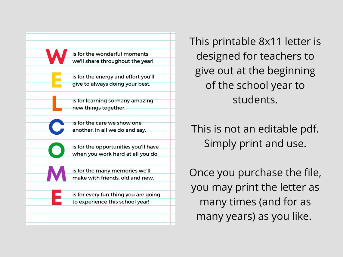 Welcome Back to School Letter Printable Teacher Letter - Etsy