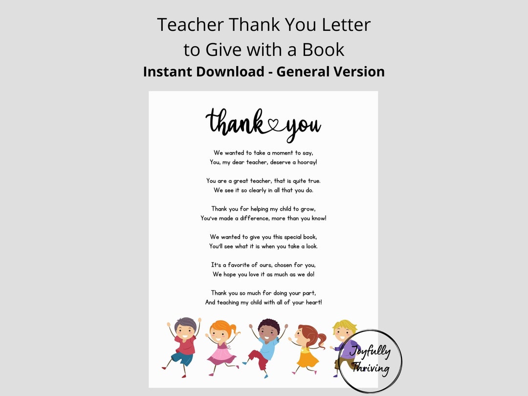 Teacher Thank You Letter Printable, Book Gift (digital Download) - Etsy