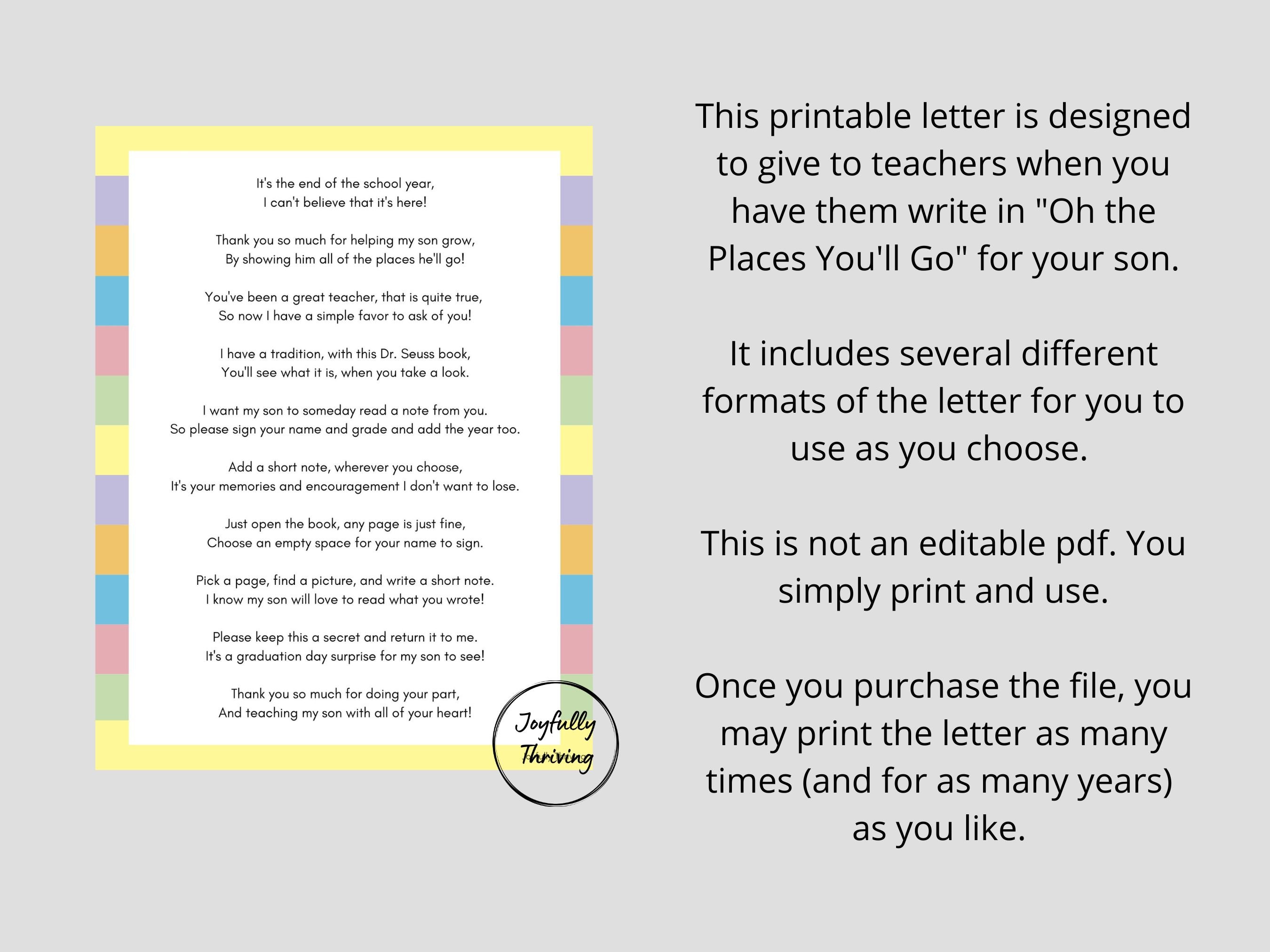 Dr. Seuss "oh the Places You'll Go" Teacher Son Letter (PDF) - Etsy