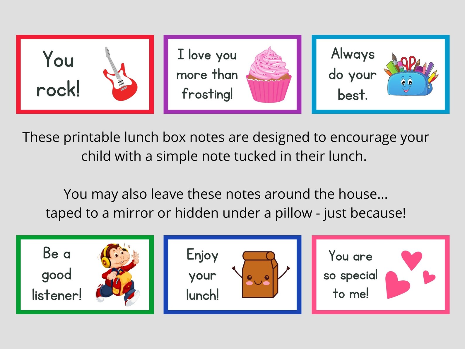 Printable Lunch Box Notes for Kids Encouraging Notes for Kids Lunchbox ...