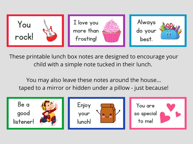 Printable Lunch Box Notes for Kids Encouraging Notes for Kids Lunchbox ...