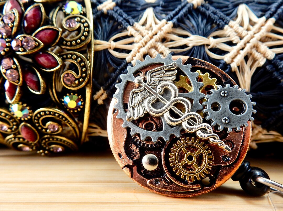 Caduceus Badge Clip, Steampunk Caduceus ID Badge Reel, Pathology Lab ...