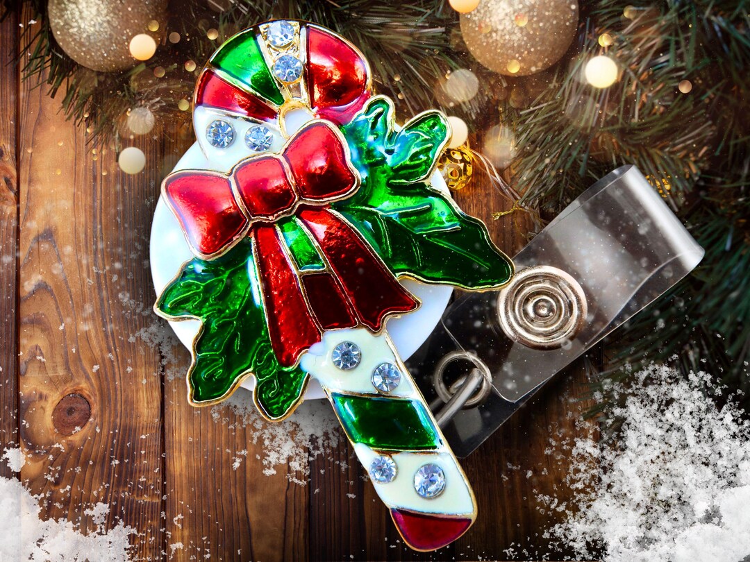 Christmas Cane Badge Holder – Candy Cane Rhinestone Retractable ID Clip ...