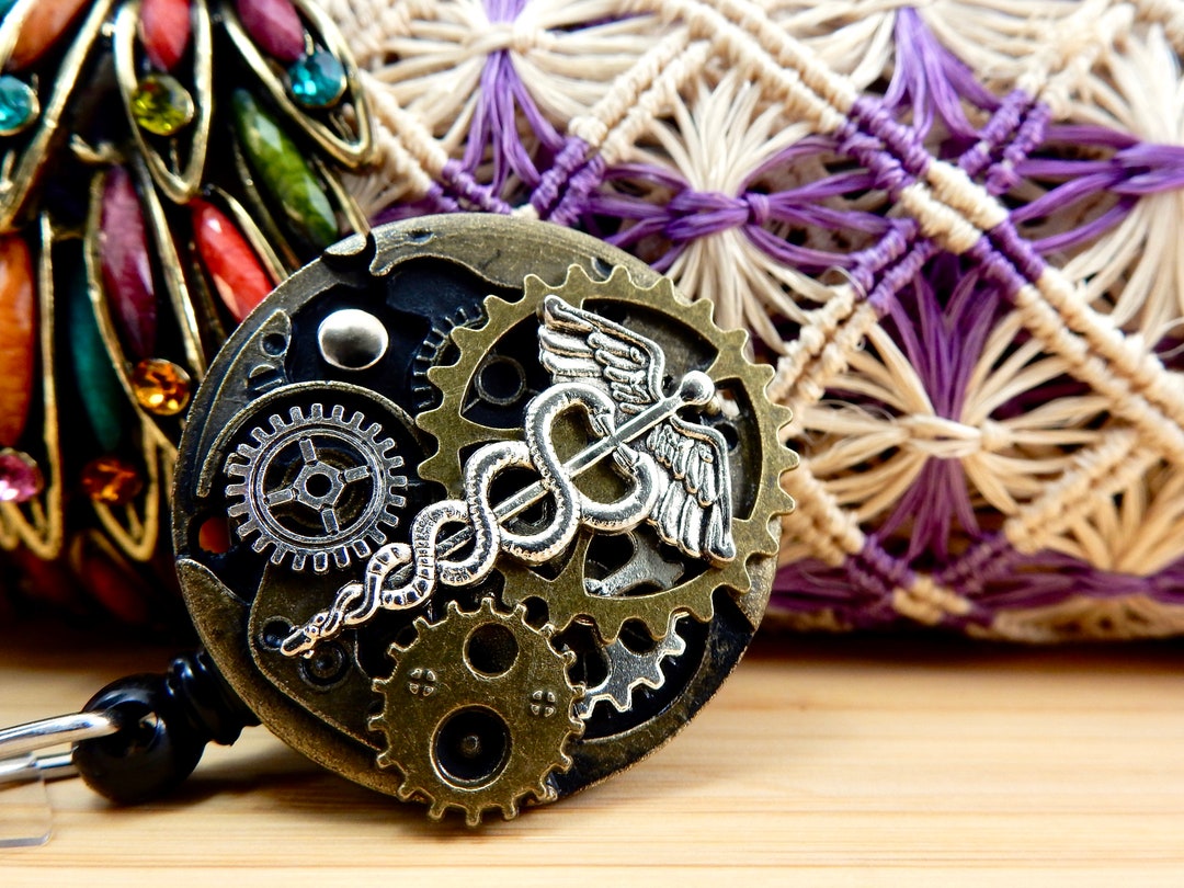 Name Identification Badge Holder, Steampunk Caduceus Badge Reel, Men's ...