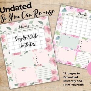 Printable Undated Monthly Calendar Planner - Floral Calendar - Office ...