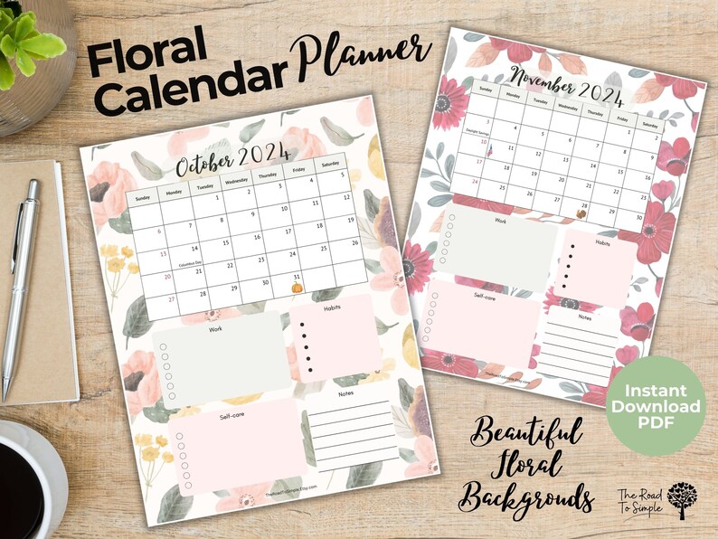 Printable 2024 Calendar Planner Floral 2024 Calendar 2024 Office ...