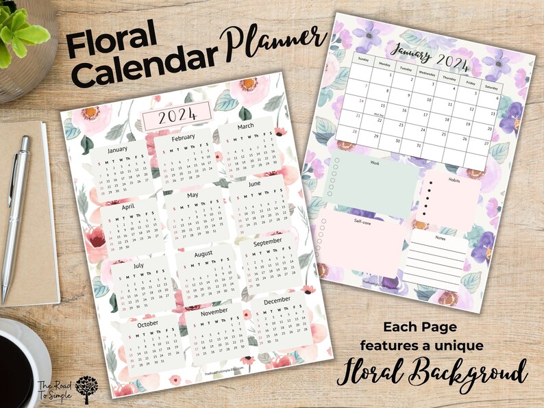 Printable 2024 Calendar Planner Floral 2024 Calendar 2024 Office ...