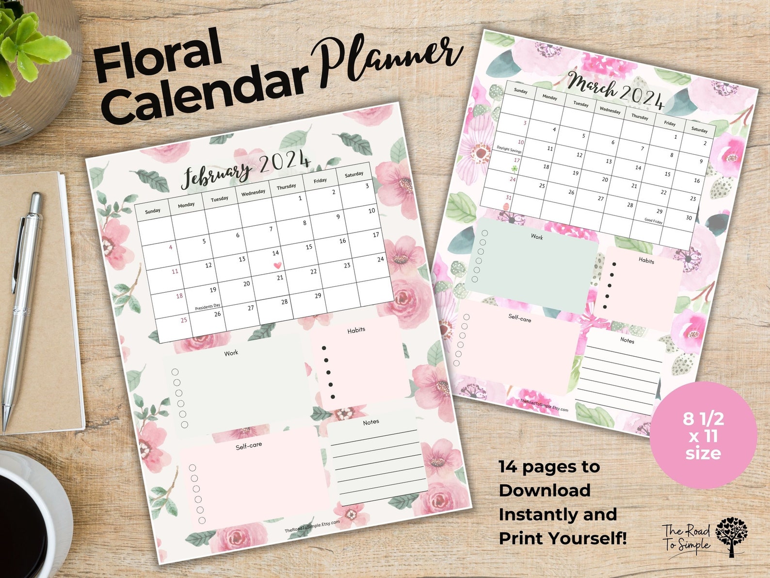 Printable 2024 Calendar Planner Floral 2024 Calendar 2024 Office ...