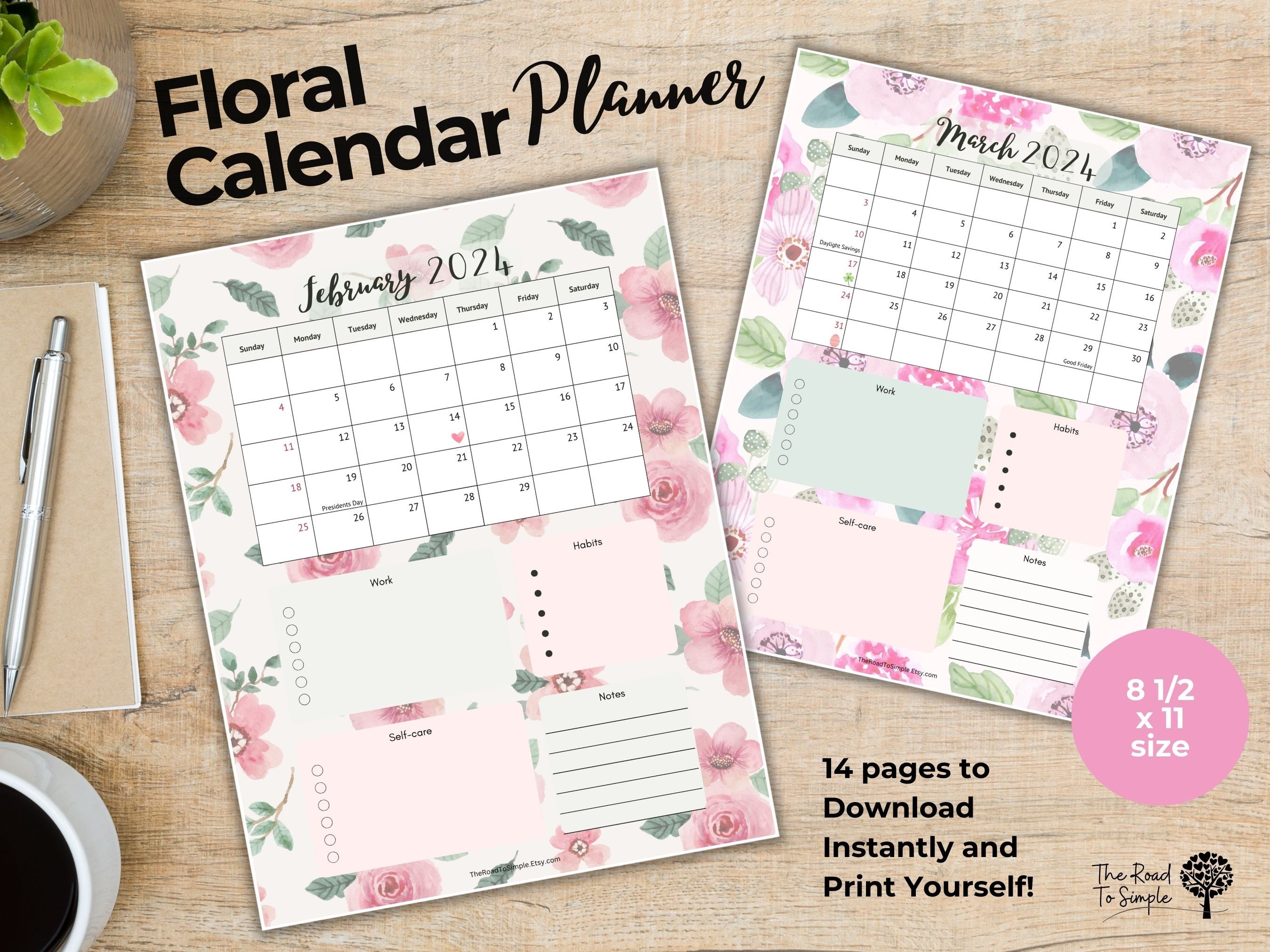 Printable 2024 Calendar Planner Floral 2024 Calendar 2024 Office ...