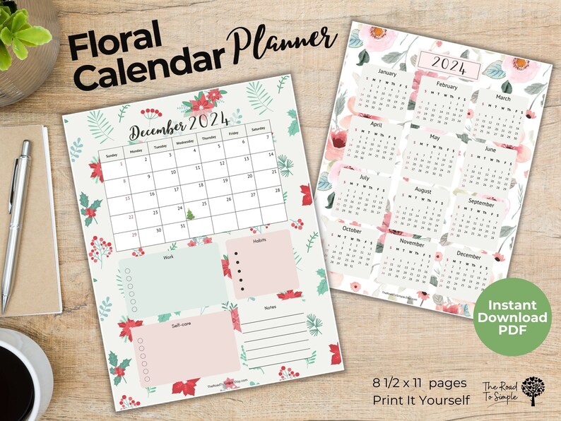 Printable 2024 Calendar Planner Floral 2024 Calendar 2024 Office ...