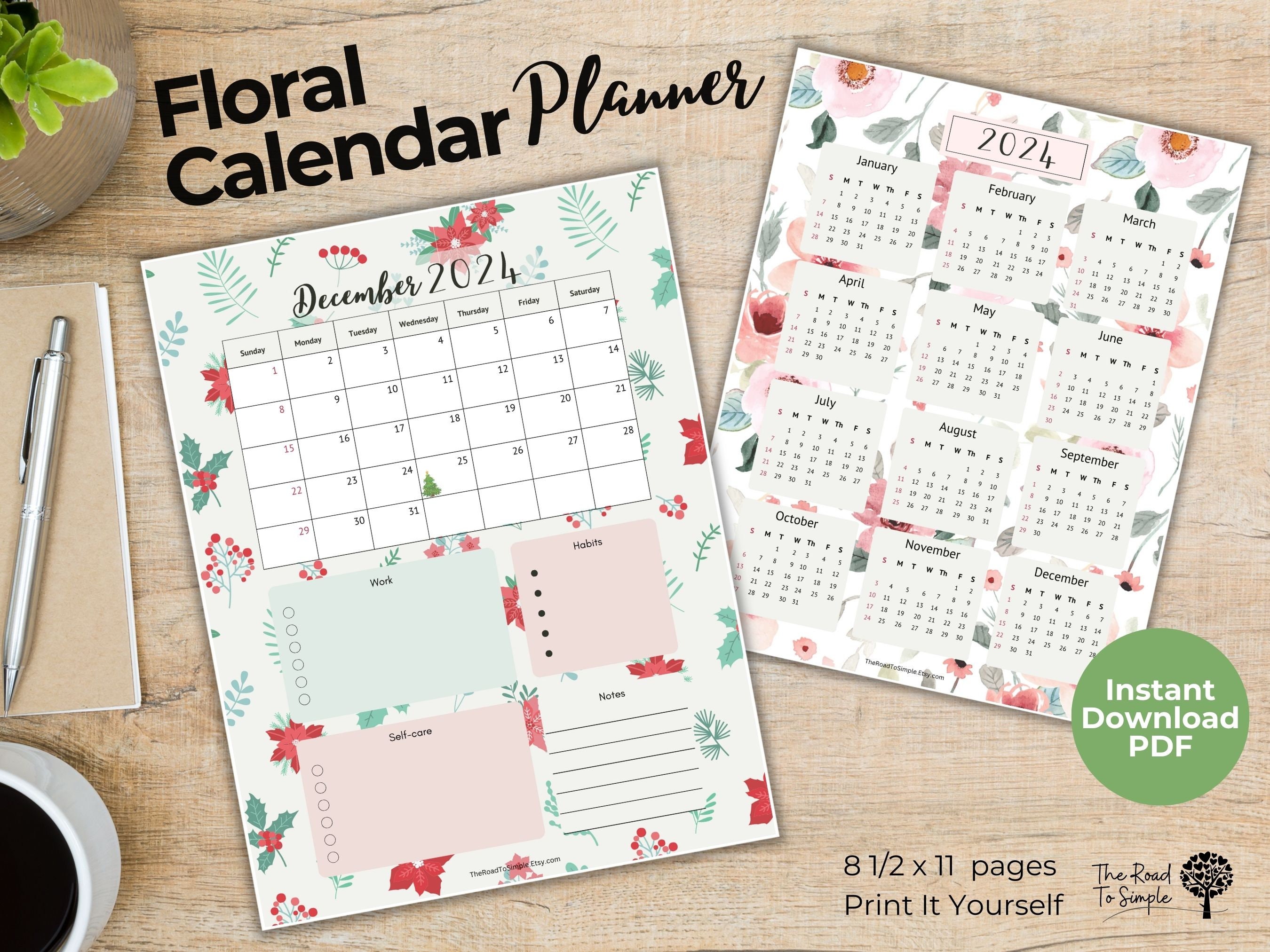 Printable 2024 Calendar Planner Floral 2024 Calendar 2024 Office ...