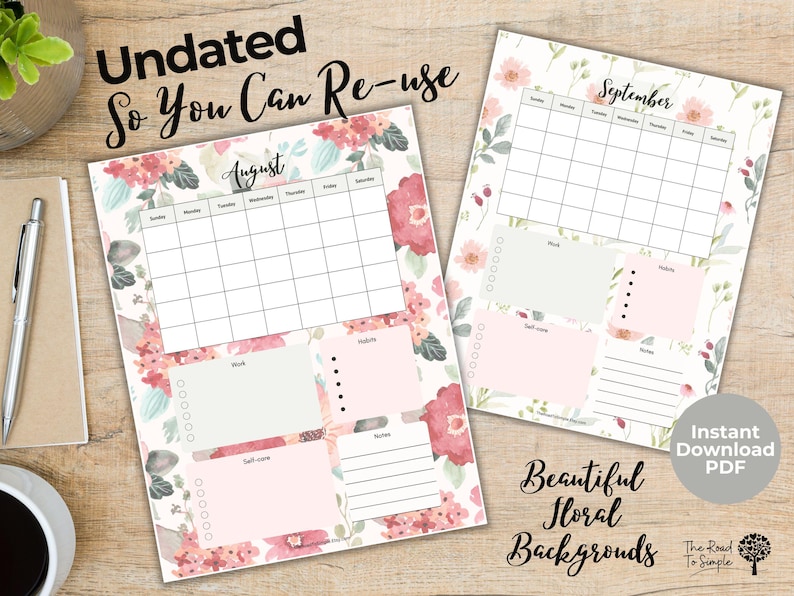 Floral Monthly Calendar Planner: Undated Printable (digital Download ...