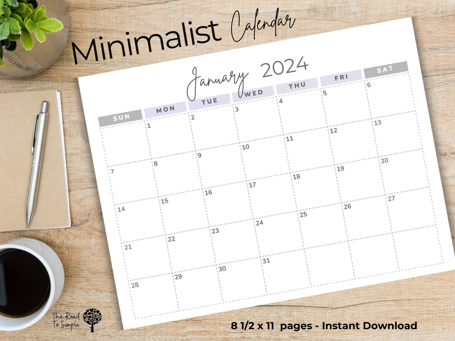 2024 Minimalist Calendar Printable 2024 Calendar Simplistic Calendar ...
