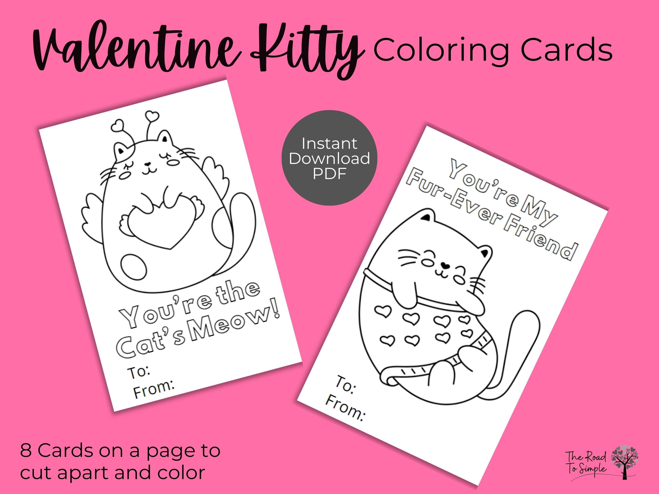Valentine Kitty Coloring Cards: Kids Classroom Activity (PDF Download ...