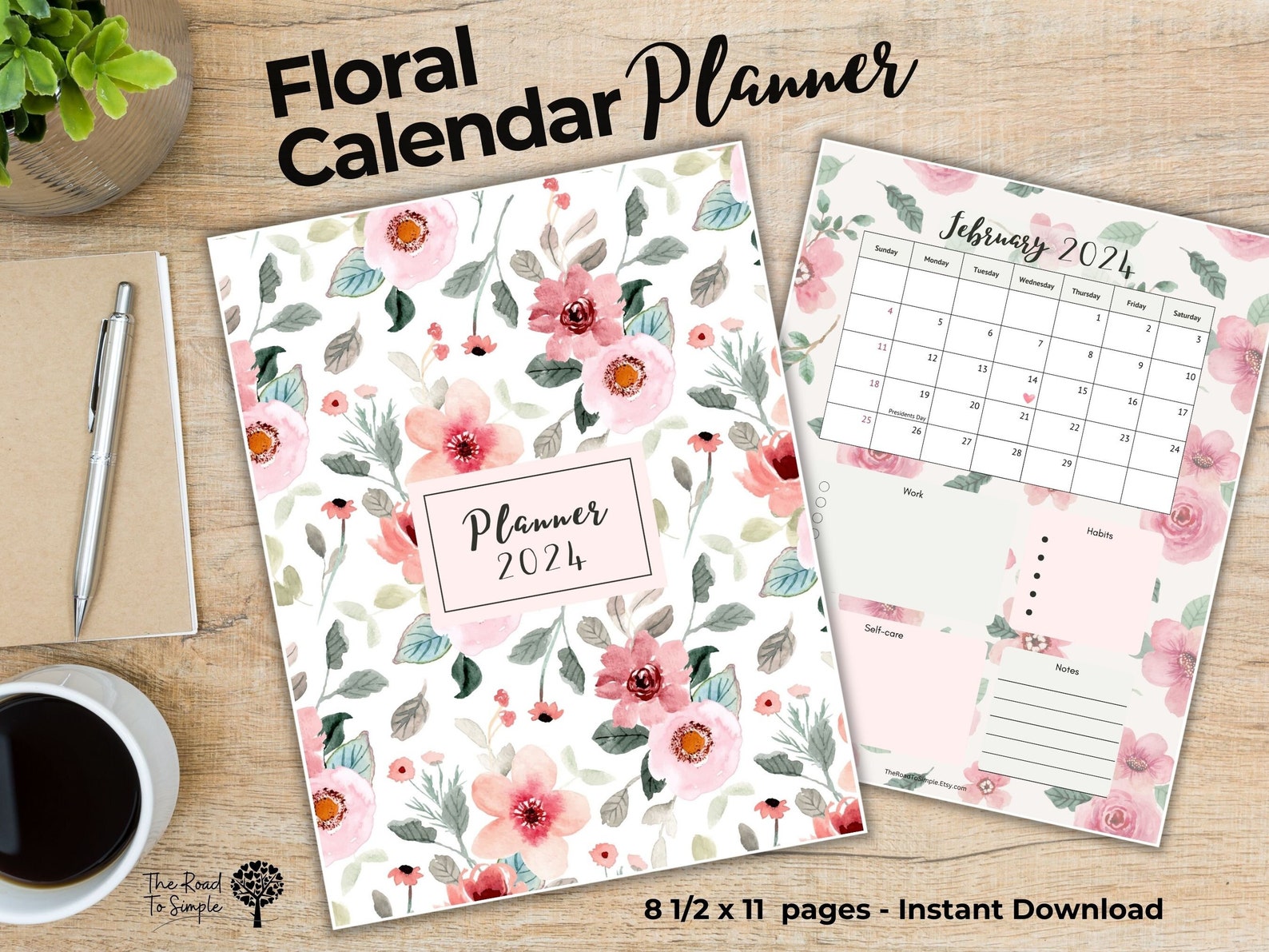 Printable 2024 Calendar Planner Floral 2024 Calendar 2024 Office ...