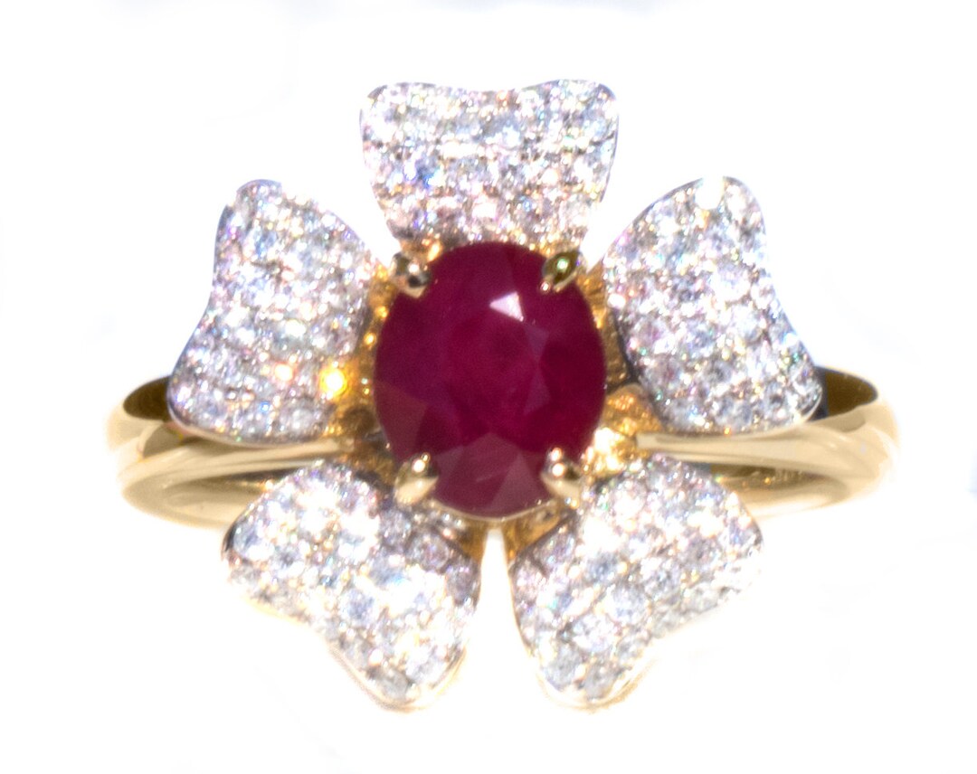 Natural Ruby & Diamond Flower Ring 18K - Etsy