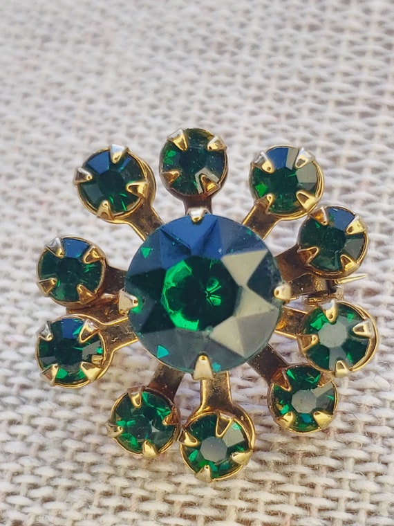1950s Green Rhinestone Atomic Starburst Brooch Gem