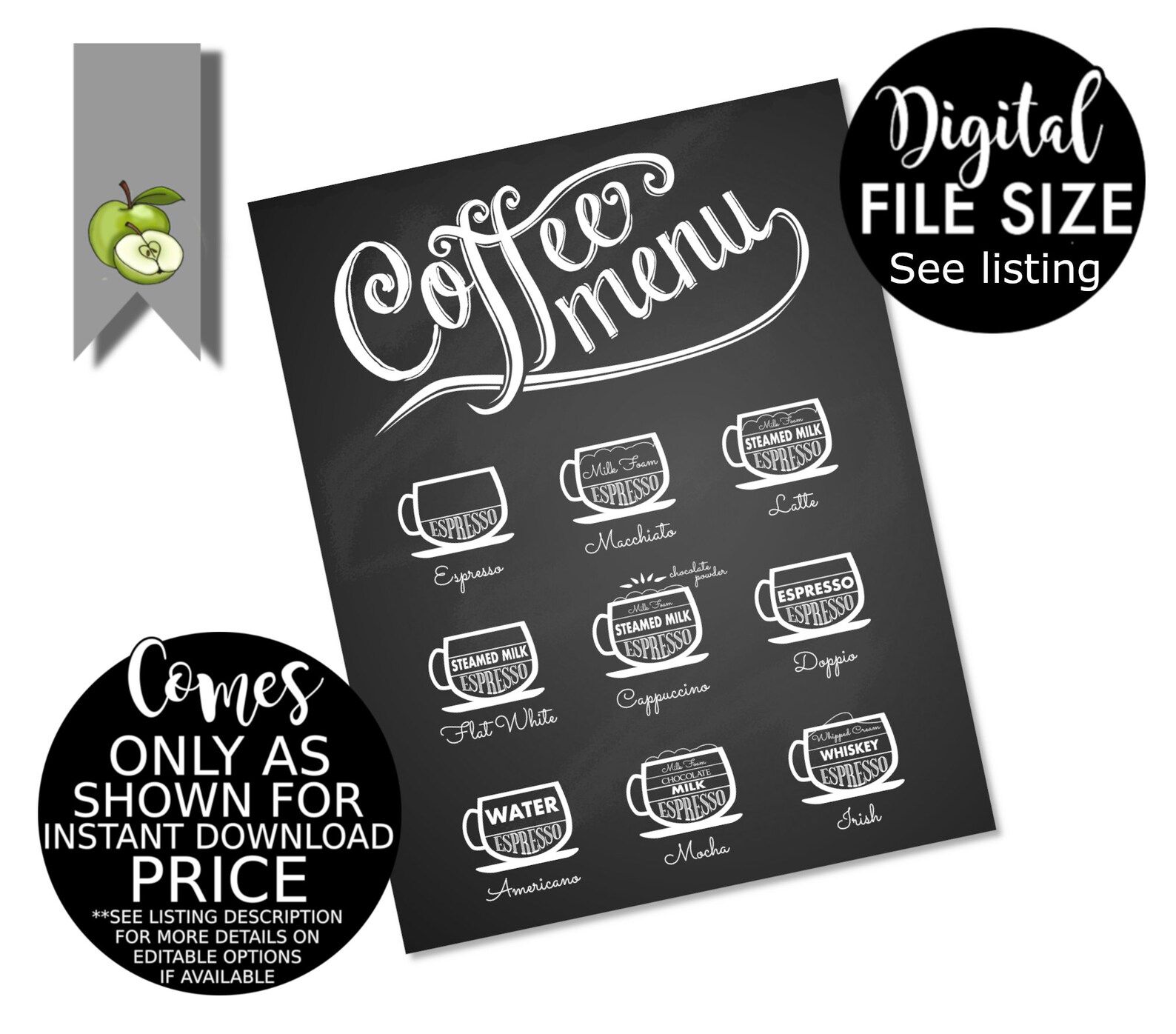 Coffee Sign Cafe Kitchen Printable Kitchen Art Coffee Menu | Etsy