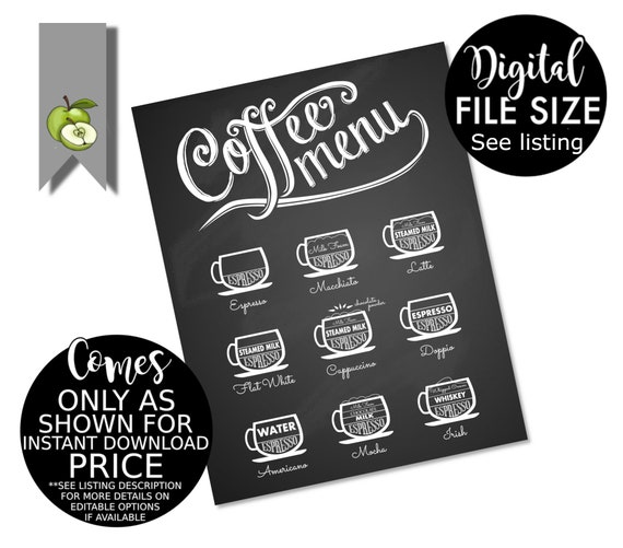 Coffee Sign Cafe Kitchen Printable Kitchen Art Coffee Menu | Etsy