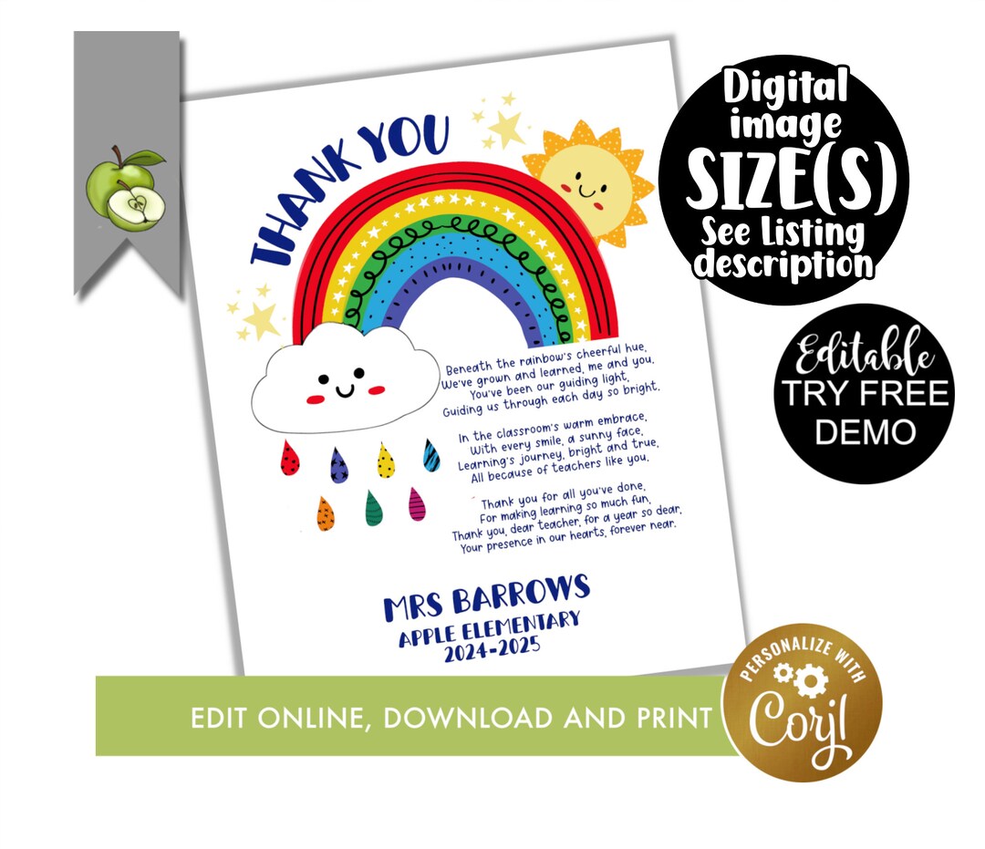 Editable Teacher Thank You Poem Gift, Printable Teacher Wall Art ...