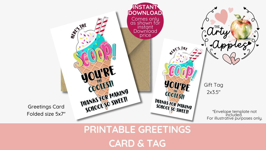 Ice Cream Gift Tag & Card, Here's the Scoop You're the Coolest, Ice ...