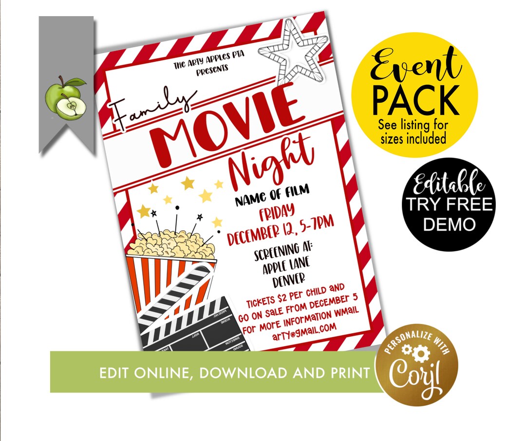 Editable Movie Night Flyer Template, Film Fundraiser, Digital Download ...