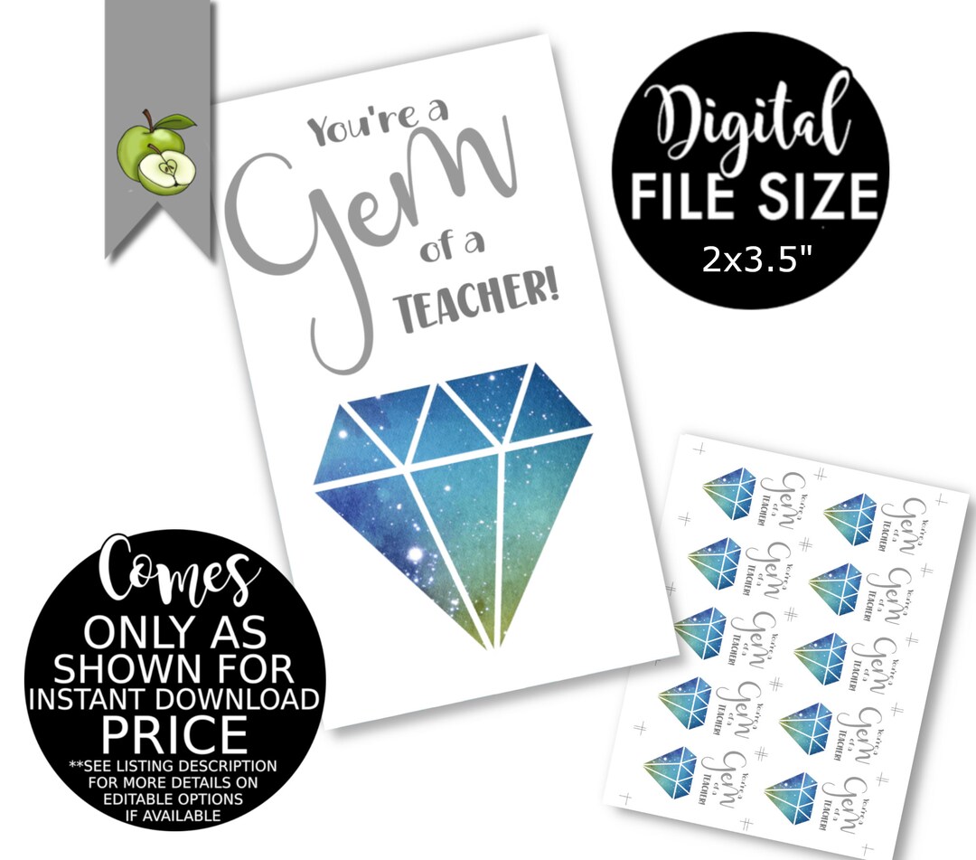 Teacher Jewelry Gift Tag, INSTANT DOWLOAD, You're a Gem, Teacher ...
