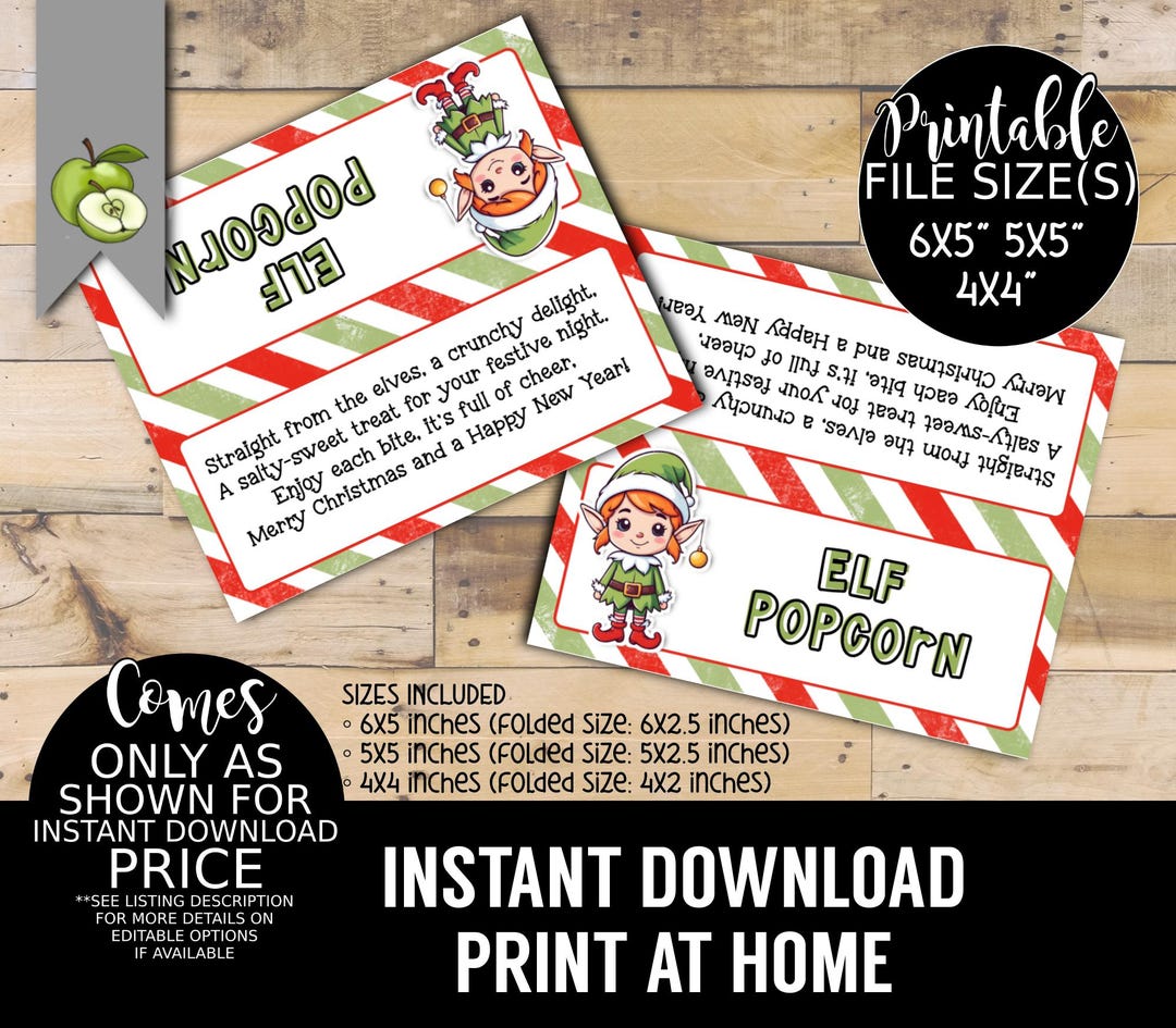 Elf Popcorn Printable Bag Toppers, Instant Download 3 Sizes, Popping by ...