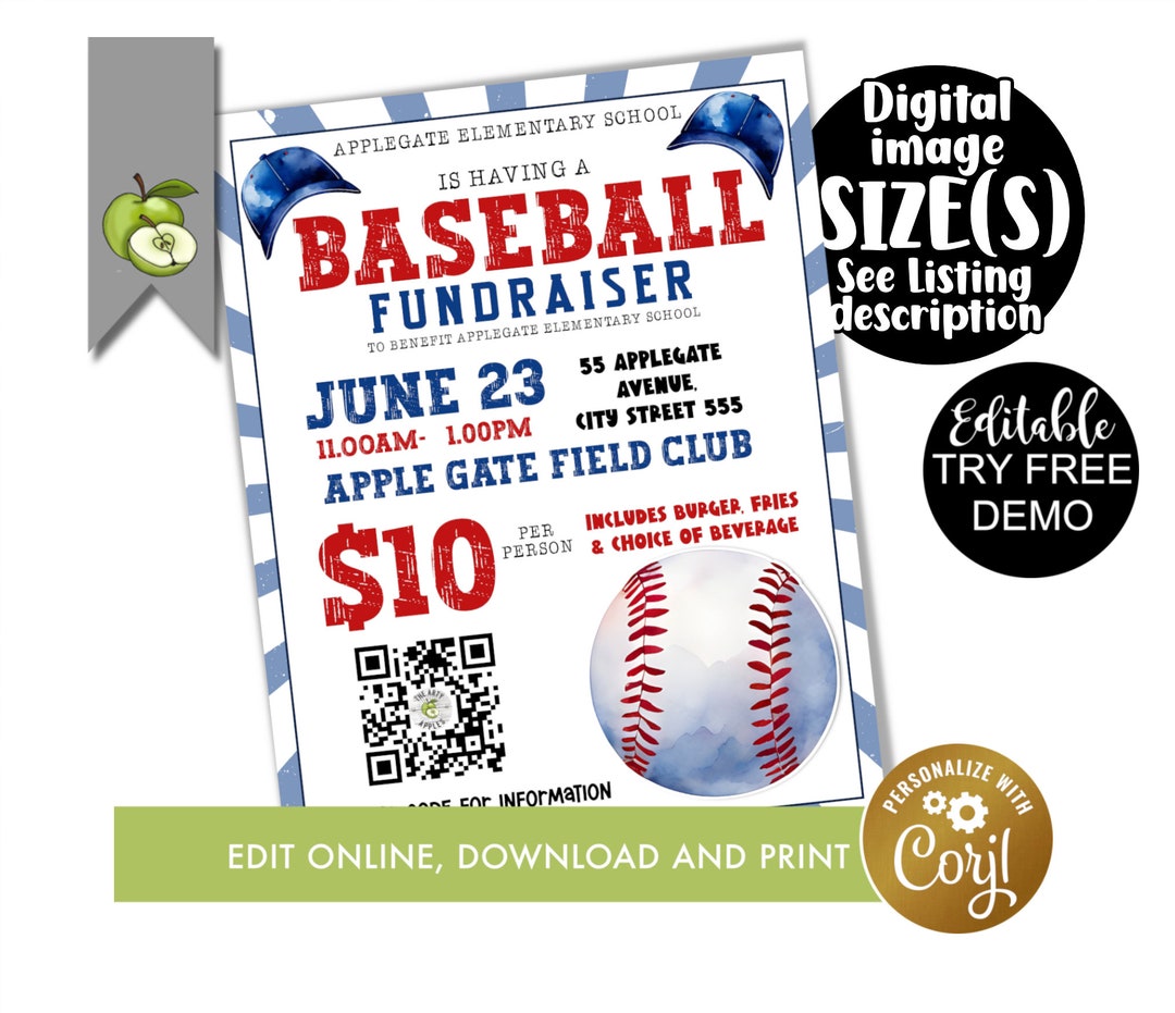 Editable Baseball Fundraiser Flyer Editable Template Add QR Code for ...
