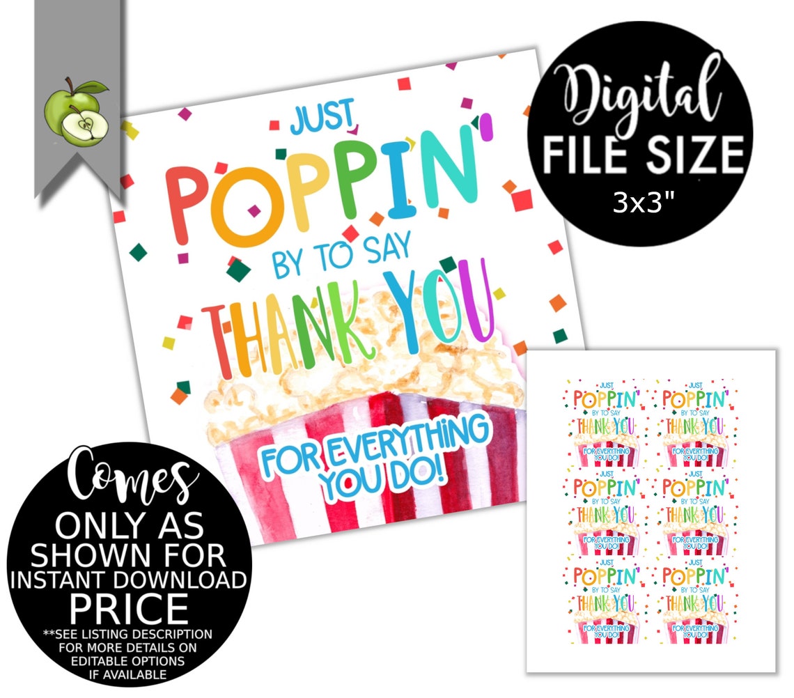 Thank you popcorn gift tag popping by to say thank you | Etsy