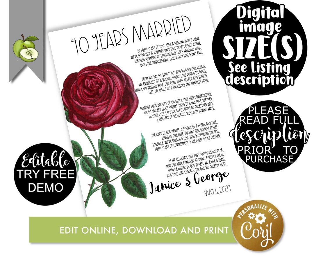 Editable RUBY Wedding Gift, Poem Editable 40th Wedding Anniversary ...