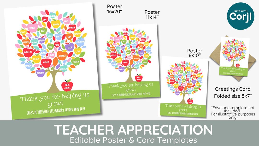 Editable Rainbow Teacher Class Apple Tree Gift, Digital Download, Kids ...