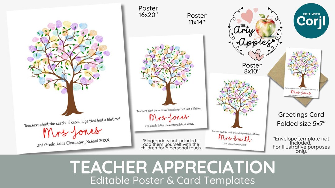 Editable Teacher Appreciation Fingerprint Tree Gift, Thumbprint Class ...