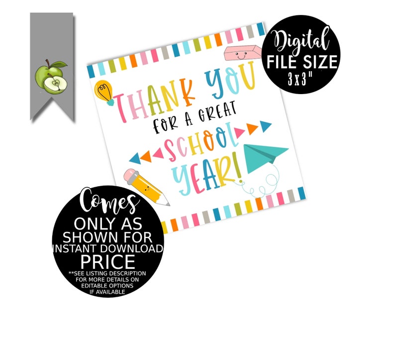 Thank You for a Great School Year 3x3 Square Printable Tag | Etsy
