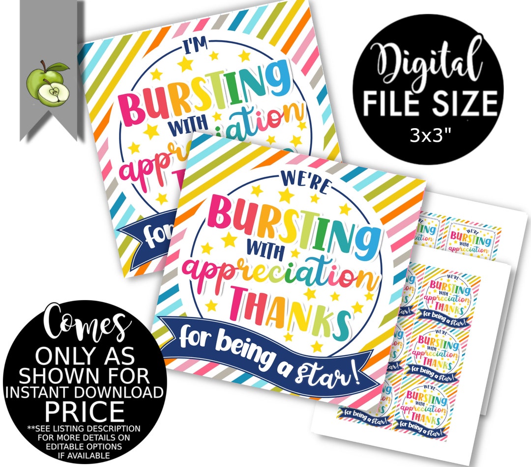 Bursting With Appreciation Printable Star Gift Tags, Teacher Burst ...