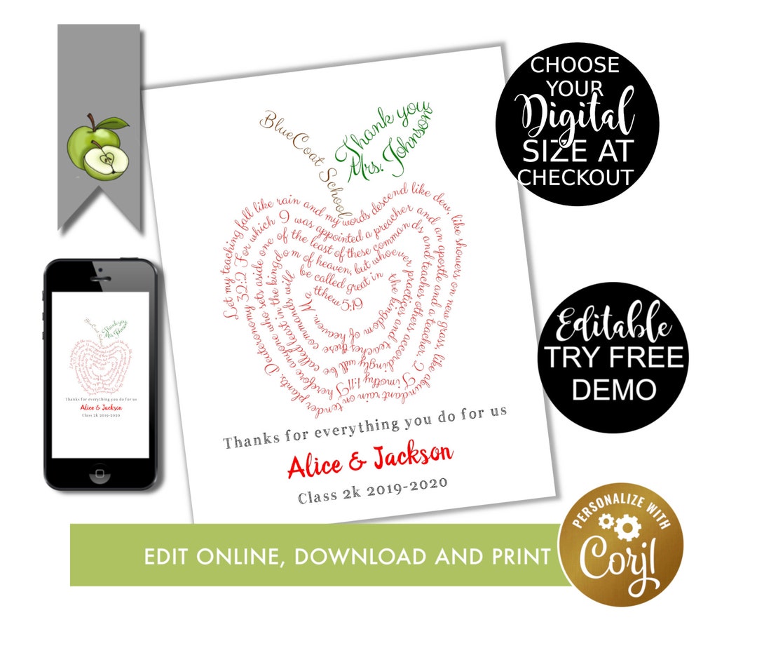 Editable Teacher Printable Word Art Apple, Red Apple, Teacher Gift ...