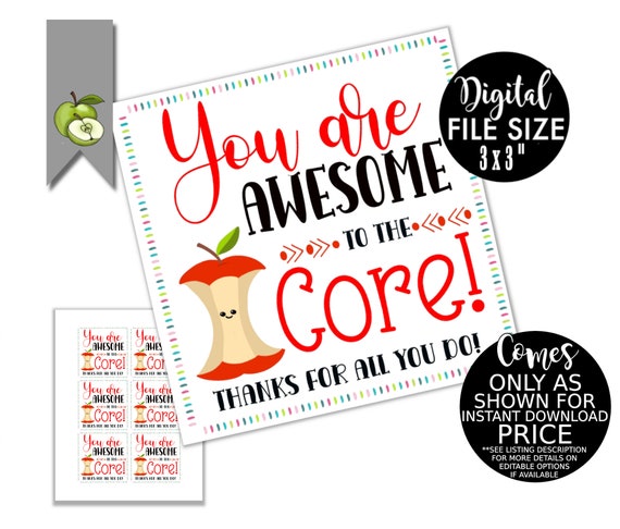 Teacher Gift Tags Printable Apple You Are Awesome to the Core | Etsy