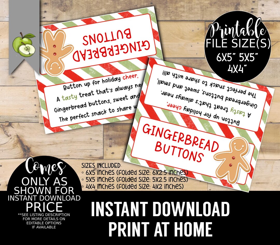 Gingerbread Buttons Printable Bag Toppers, Instant Download 3 Sizes ...