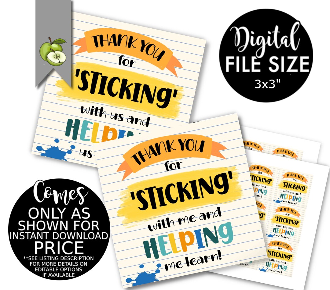 Thank You for Sticking With Me and Helping Me Learn Gift Tag, Teacher ...