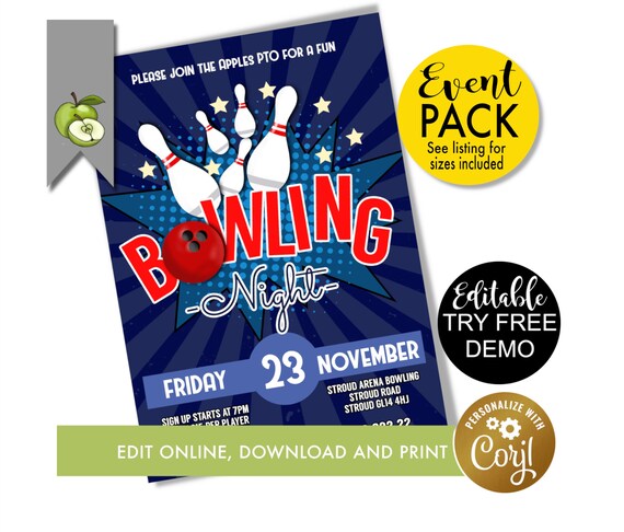 Editable Bowling Night Flyer Bowling Poster Bowling | Etsy