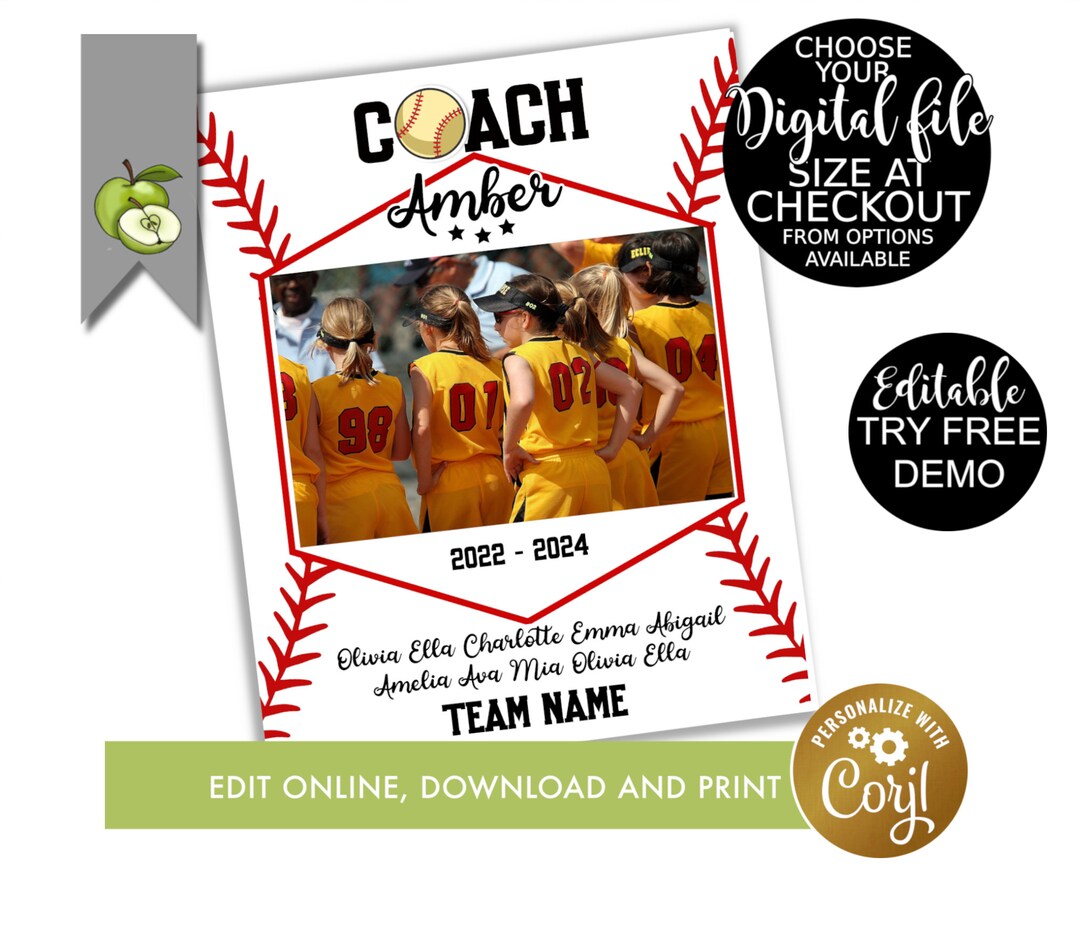 Editable Softball Coach Photo Appreciation Gift, Banquet Softball Coach ...